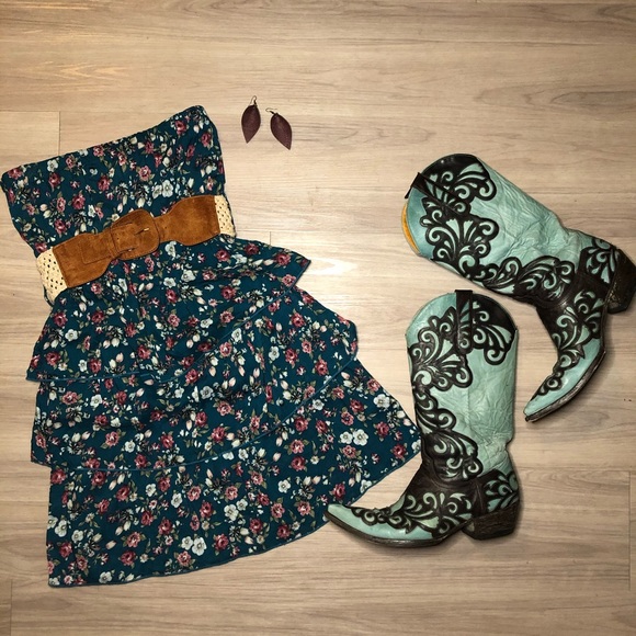 edge | Dresses | 24 Edge Floral Teal Strapless Wruffles Belt | Poshmark